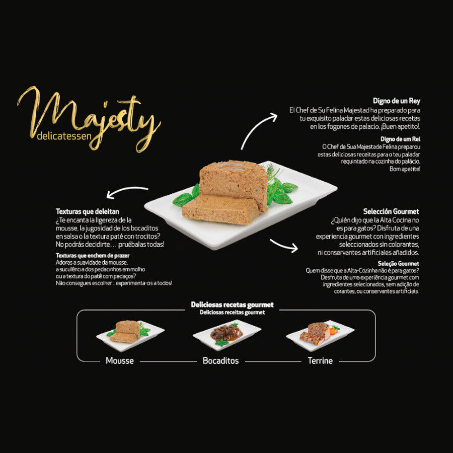 12 latas x 85 g Majesty Adult Gold Selection Mousse Carne lata para gatos