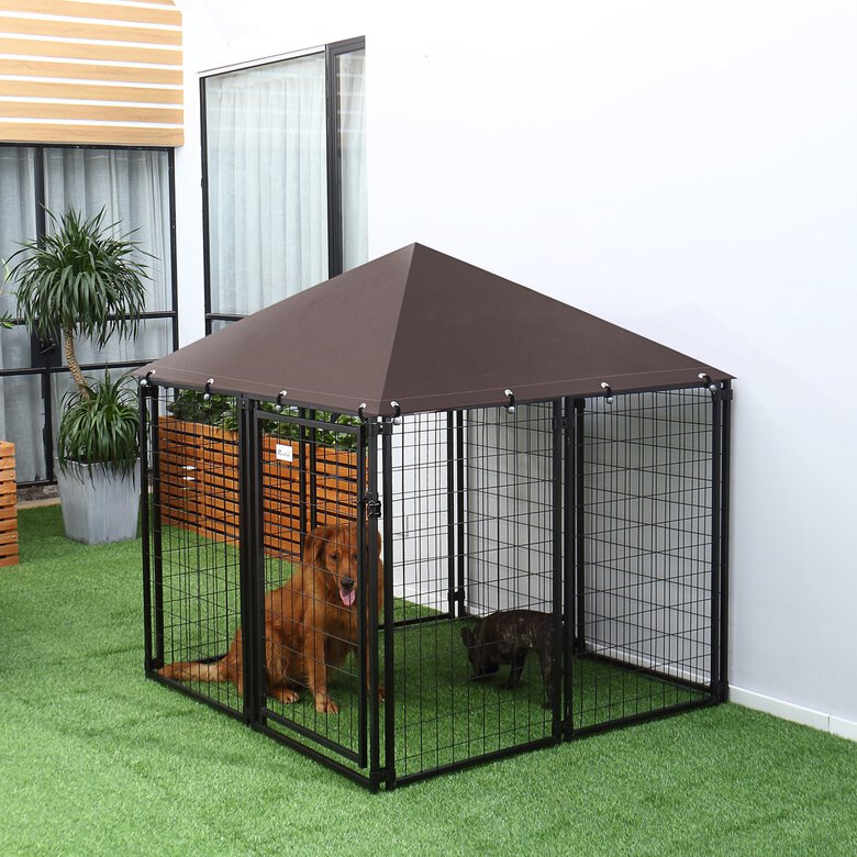 PawHut Perrera de Exterior con Techo 141x141x153 cm Corral para Perros ...