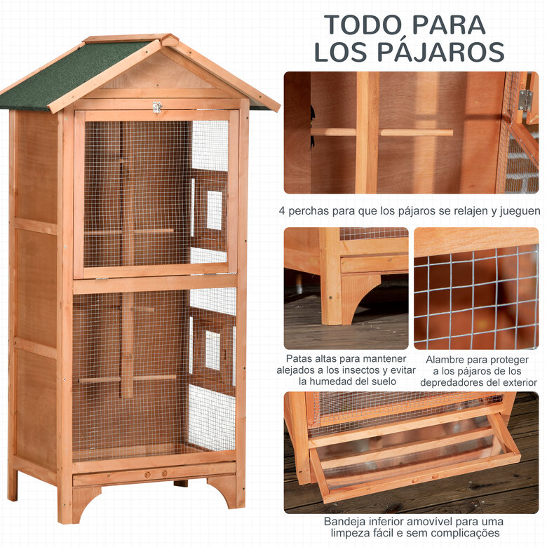 PawHut Jaula para Pájaros Pajarera de Madera con 3 Puertas 4 Perchas Bandeja Extraíble y Techo ...